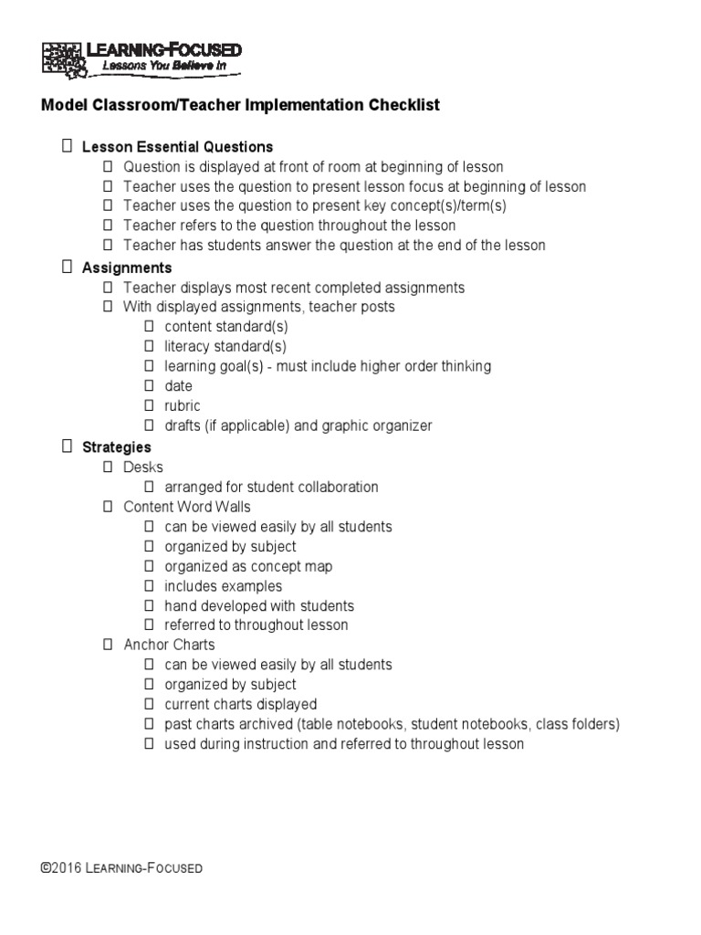Model Classroom Checklist | Download Free PDF | Teachers | Learning