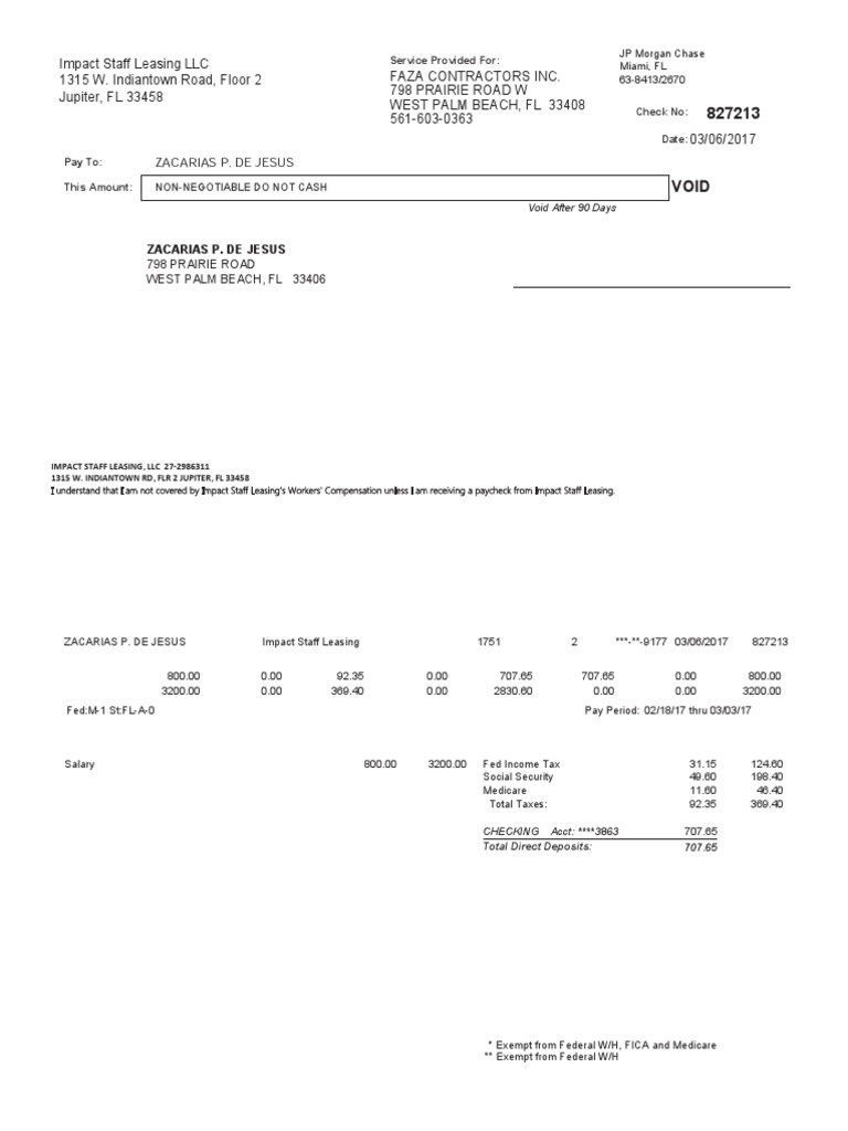 JP Morgan Chase Pay Stubs Highlight Staff Leasing Services | PDF ...