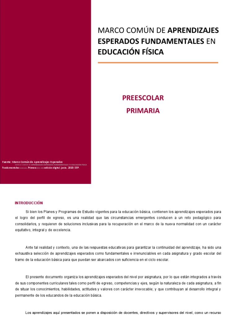 Aprendizajes Fundamentales Educación Física - Preescolar y Primaria | PDF | Educación primaria ...