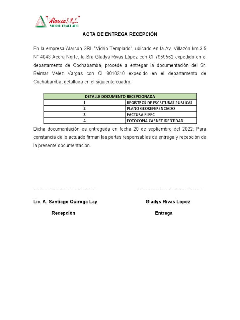 Modelo de Carta ACTA de ENTREGA RECEPCIÓN de Documentos | PDF