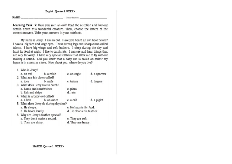 Answer Sheet in English - Week 4 | PDF