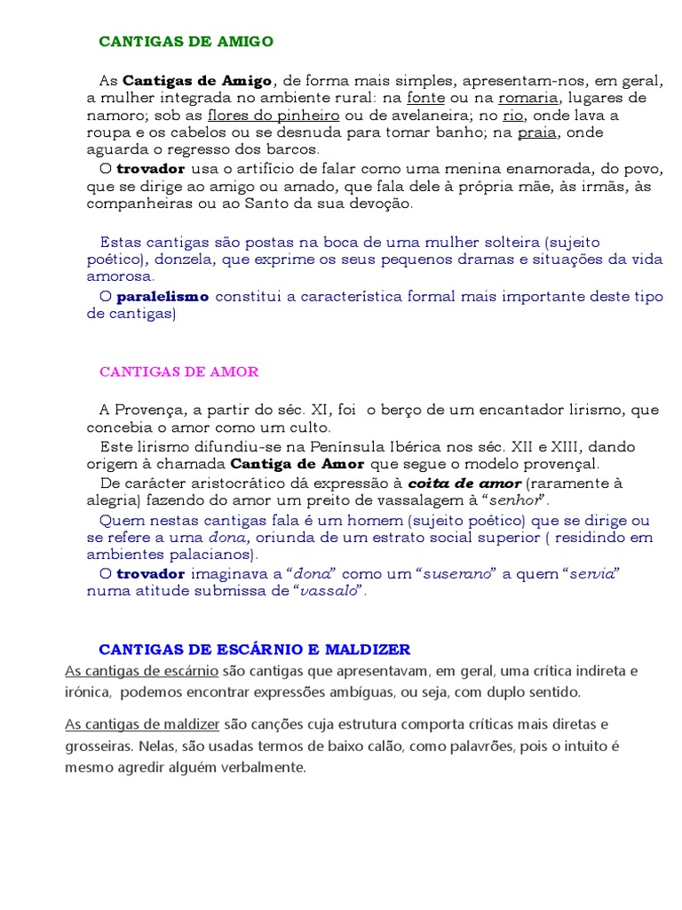 Cantigas de Amigo - Resumo | PDF