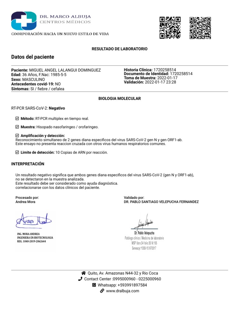 Resultado RT-PCR SARS-CoV-2 Negativo | PDF | Ciencias de la vida ...