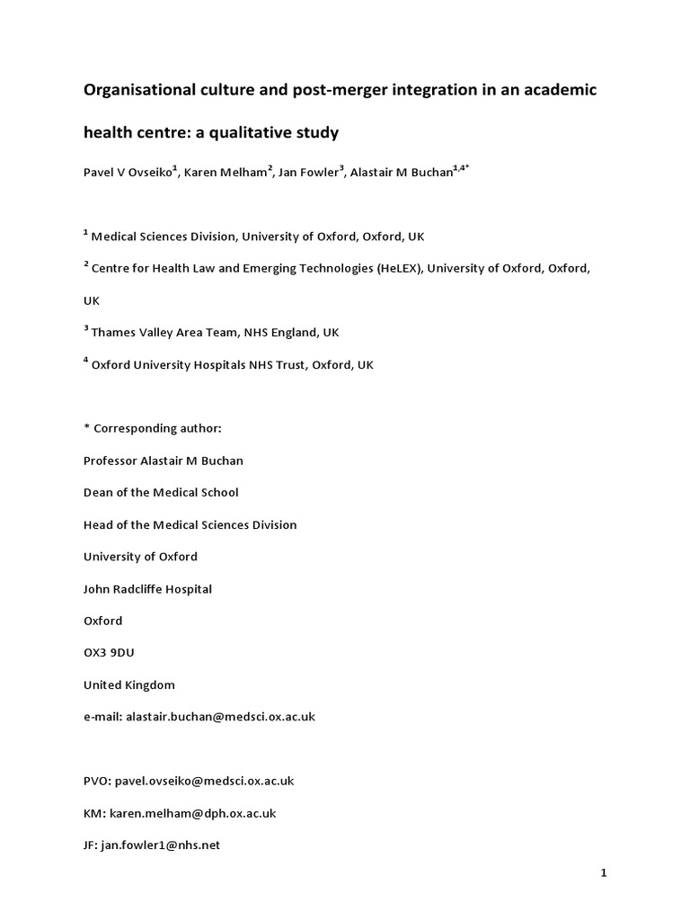 Organizational Culture Post-Merger Integration A Qualitative Study ...