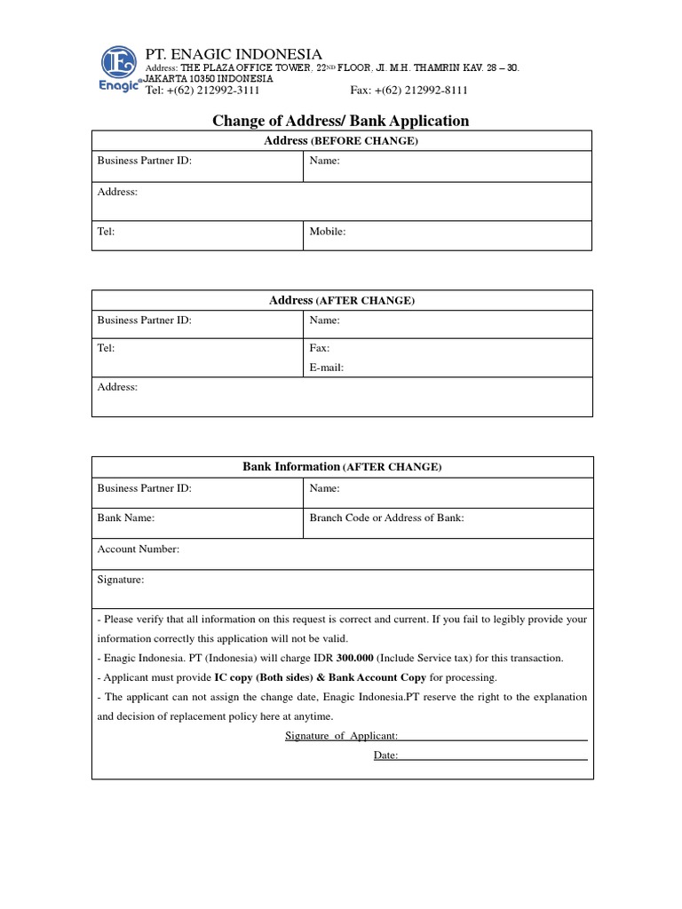 Enagic Indonesia Address Change Form | PDF | Finance & Money Management