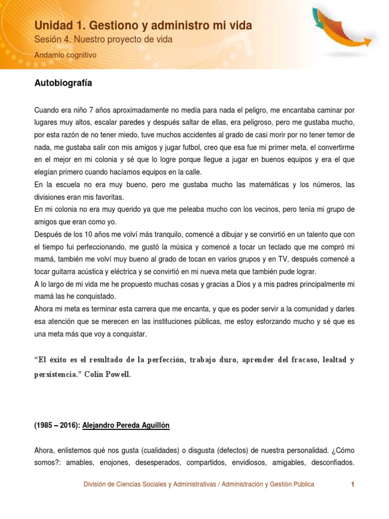 Unidad 1. Gestiono y Administro Mi Vida: Autobiografía | PDF