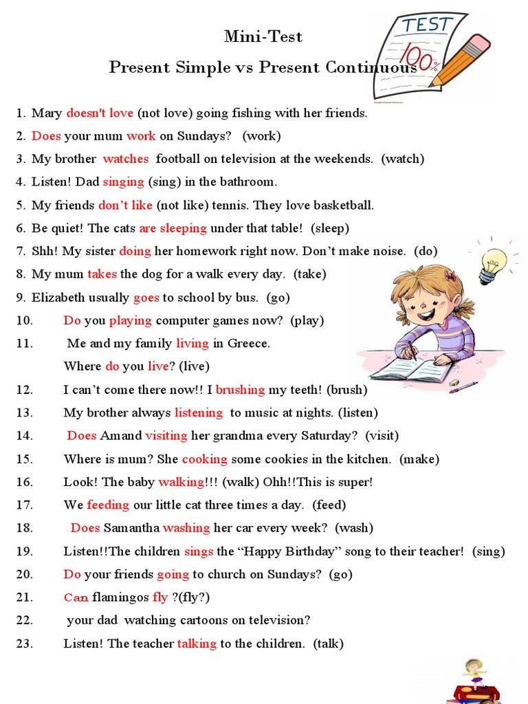 40 Questions Simple Present Vs Present Continuous Grammar Drills Tests