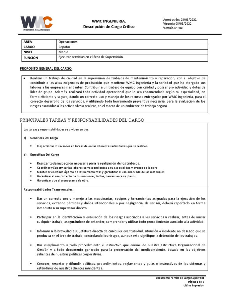 Documento Perfiles de Cargo Capataz SGI AD D 007 | PDF Documento Perfiles de Cargo Capataz SGI AD D 007 | PDF