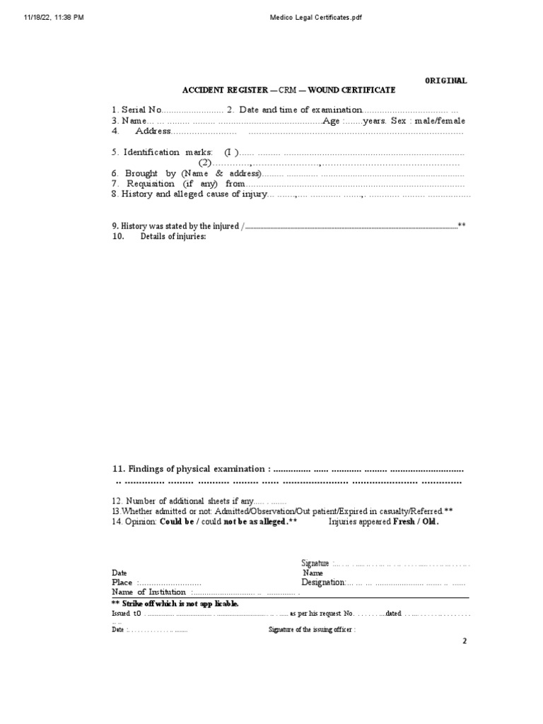 Accident Register - CRM - Wound Certificate: Original | PDF