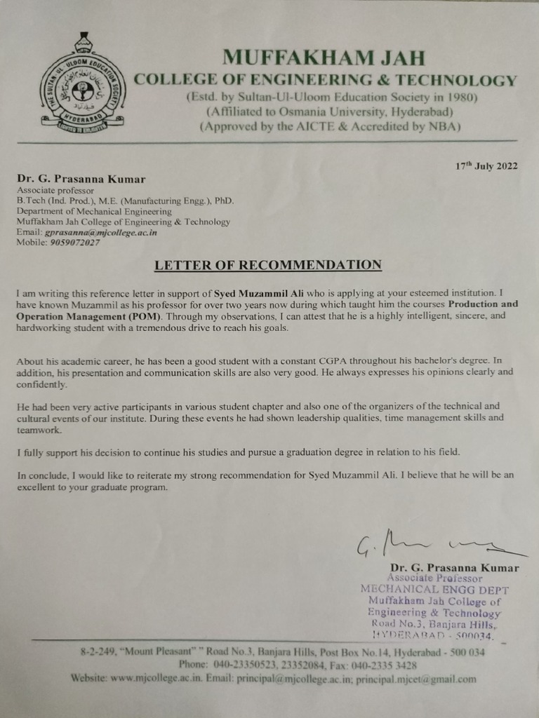 LOR (Prasanna Sir) | PDF | Qualifications | Vocational Education