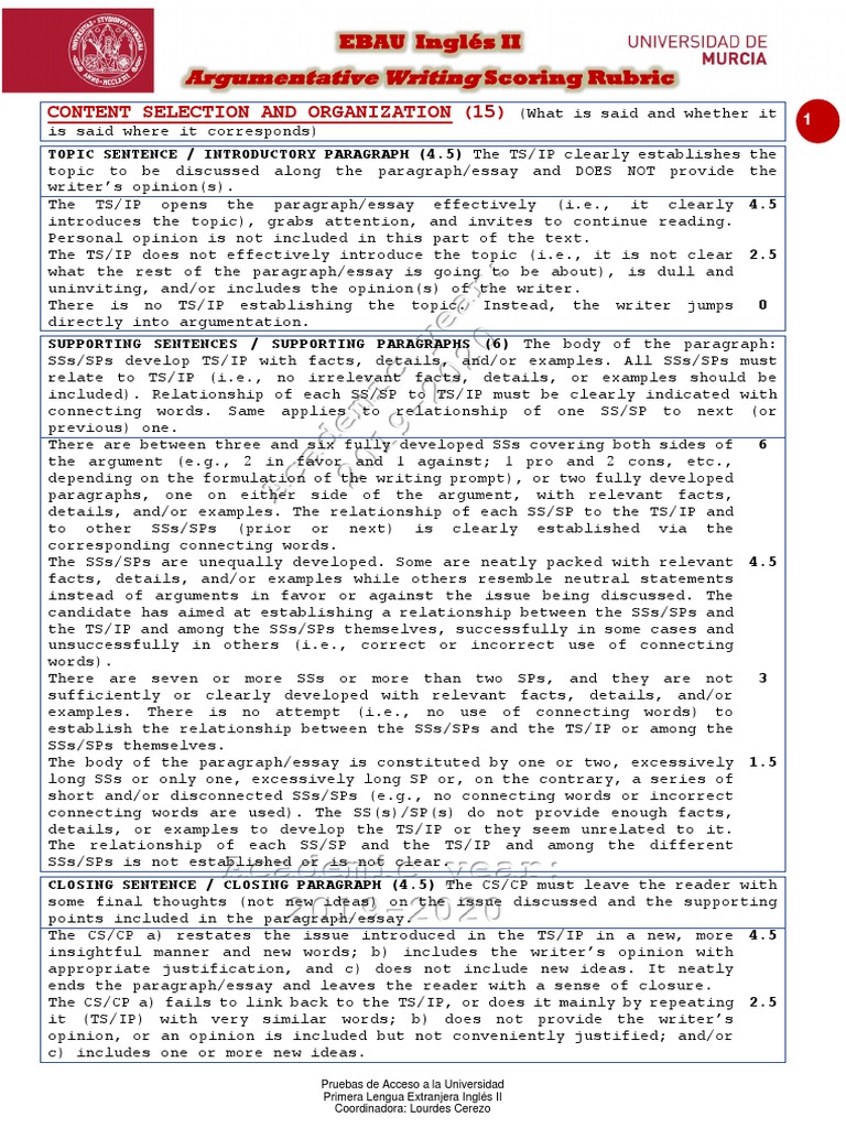 EBAU2020 Inglés - Task 5 - Argumentative Writing - Scoring Rubric | PDF ...