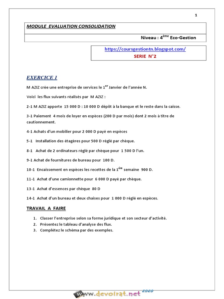 Série D'exercices N°2 Avec Correction - Gestion - MODULE EVALUATION CONSOLIDATION - Bac Economie ...