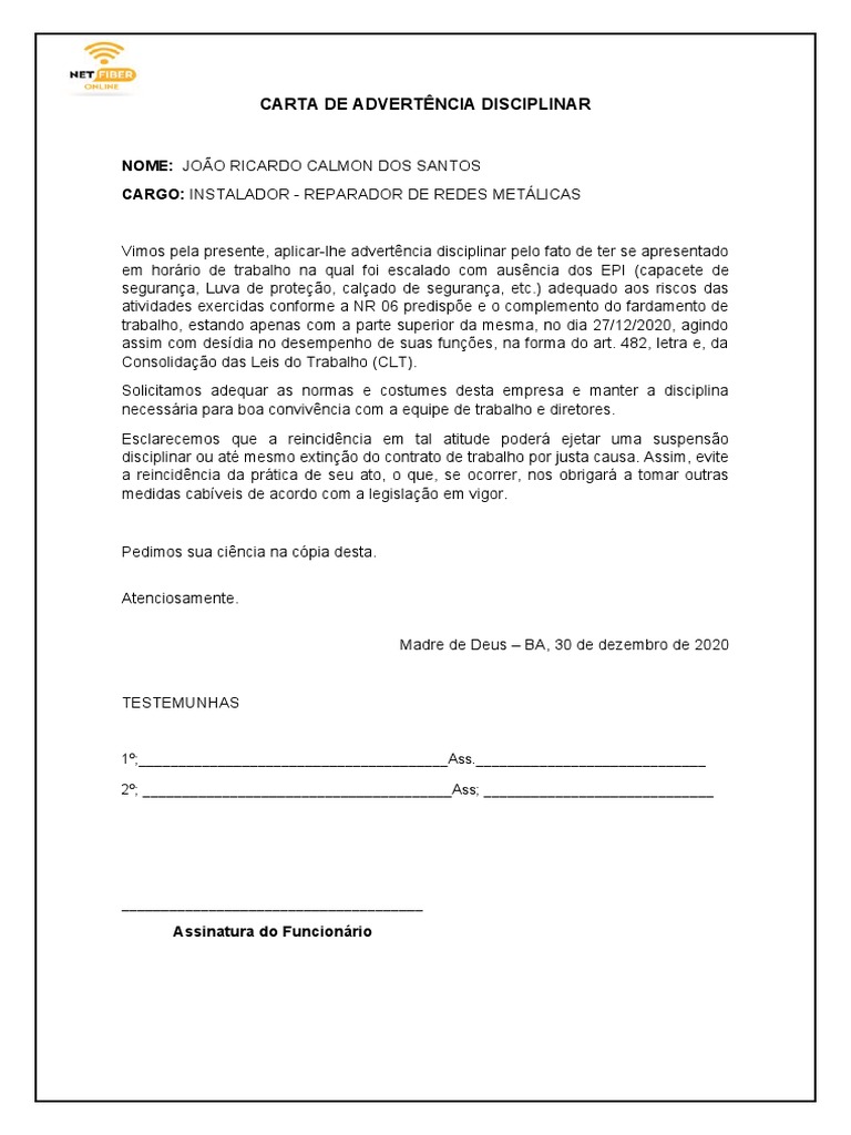 Carta de Advertência Disciplinar | PDF Carta de Advertência Disciplinar | PDF