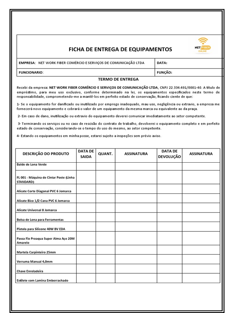 Ficha de Entrega de Equipamentos | PDF