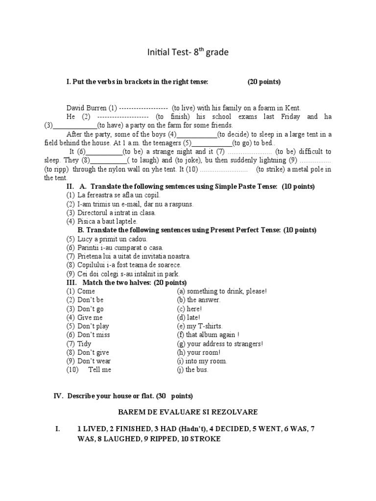 8th Grade English Test: Verb Tenses & More | PDF | Human Communication ...