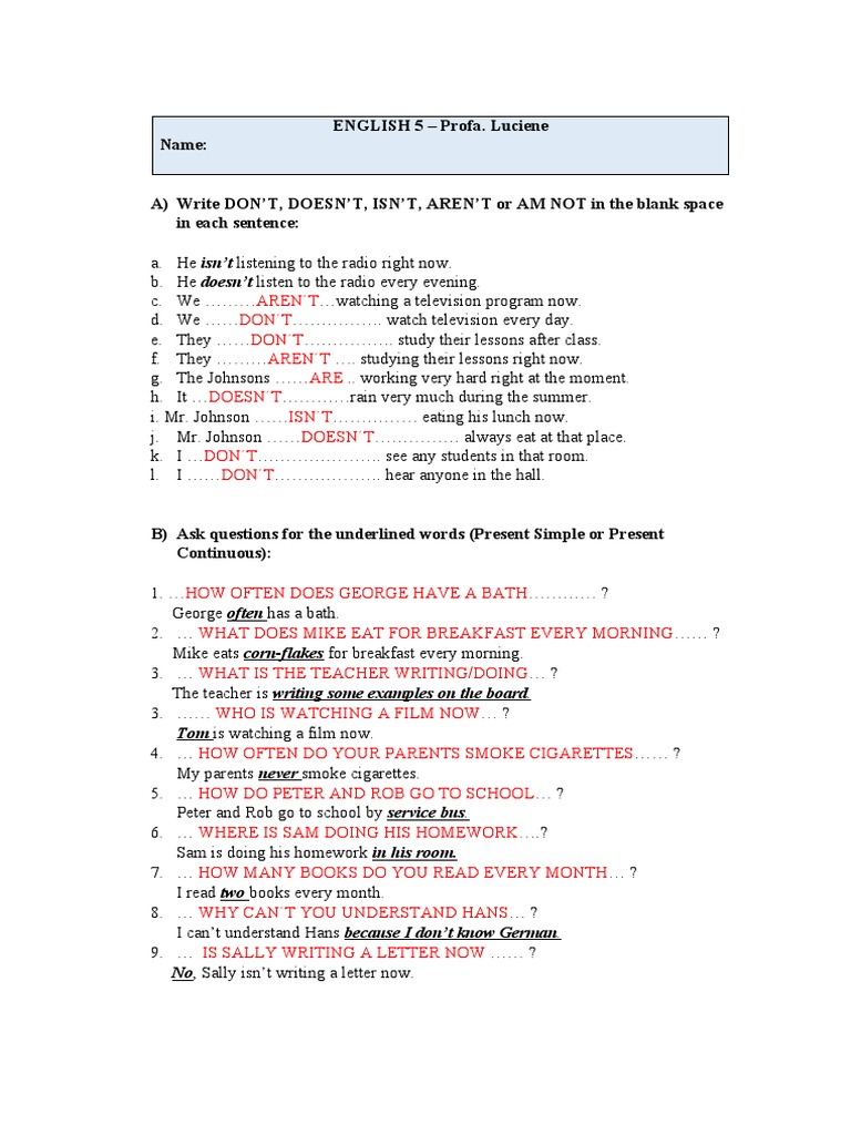 Exercises - Simple Present X Present Continuous - ANSWERS | PDF