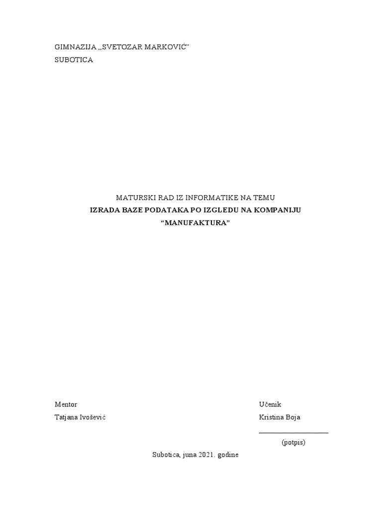Izrada Baze Podataka Po Izgledu Na Kompaniju Manufaktura | PDF
