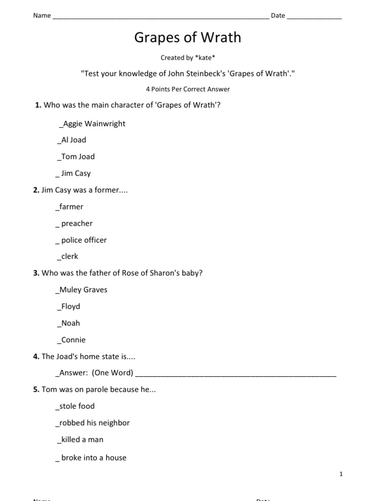 Grapes of Wrath Quiz | PDF | Violence