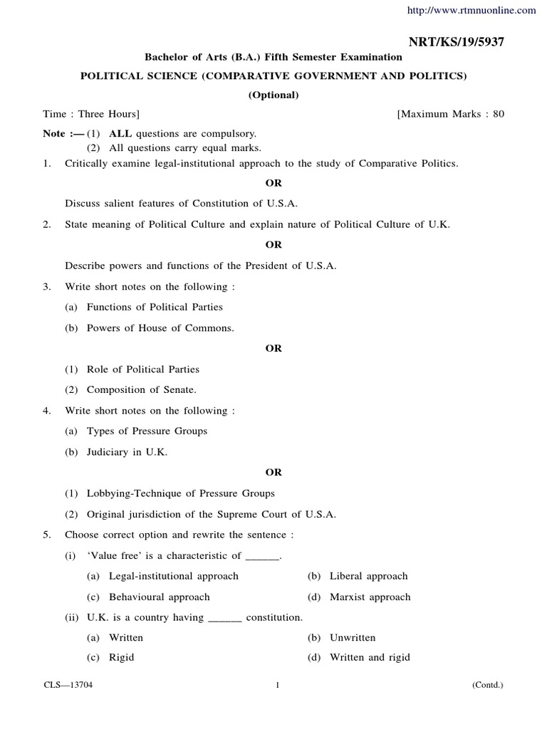 Ba 5 Sem Political Science Comparative Government and Politics 5937 ...