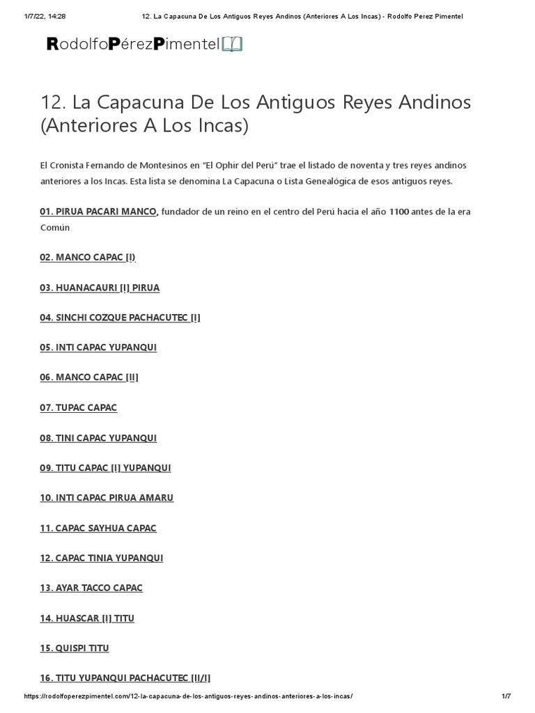 La Capacuna de Los Antiguos Reyes Andinos (Anteriores A Los Incas) - Rodolfo Perez Pimentel ...