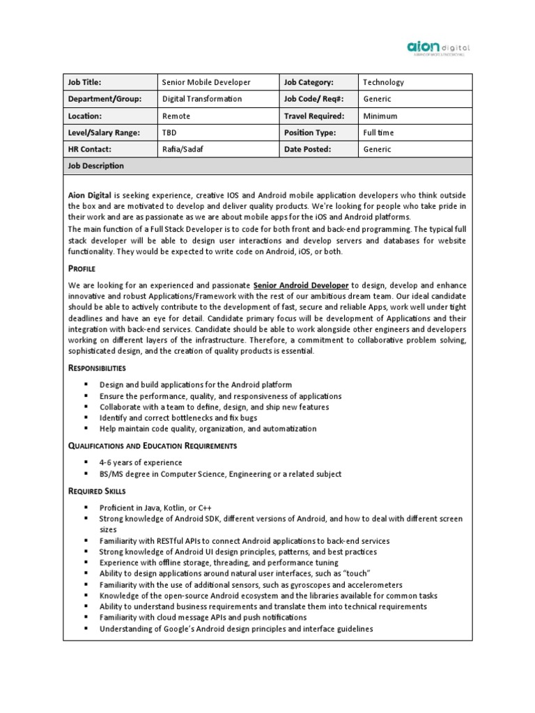 Sr. Android Developer (JD) | PDF | Android (Operating System) | Mobile App Sr. Android Developer (JD) | PDF | Android (Operating System) | Mobile App