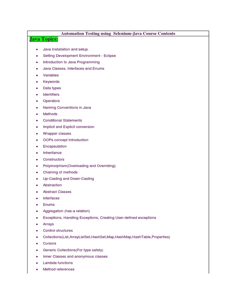 Selenium Java Coursecontents Pdf Class Computer Programming Method Computer Programming