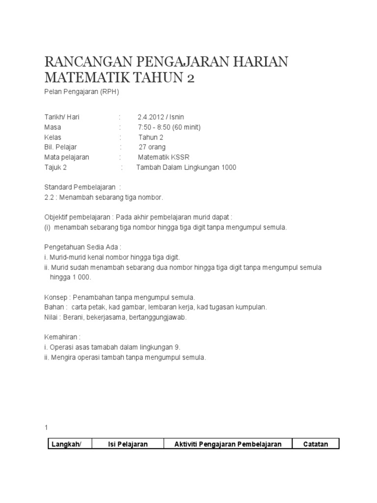 Rancangan Pengajaran Harian Matematik Tahun 2 | PDF