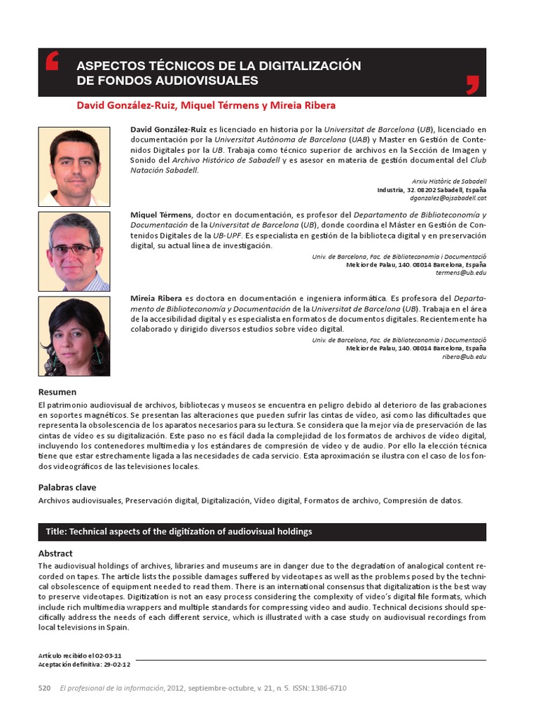 Aspectos Técnicos de La Digitalización de Fondos Audiovisuales | Descargar gratis PDF | Cuadros ...