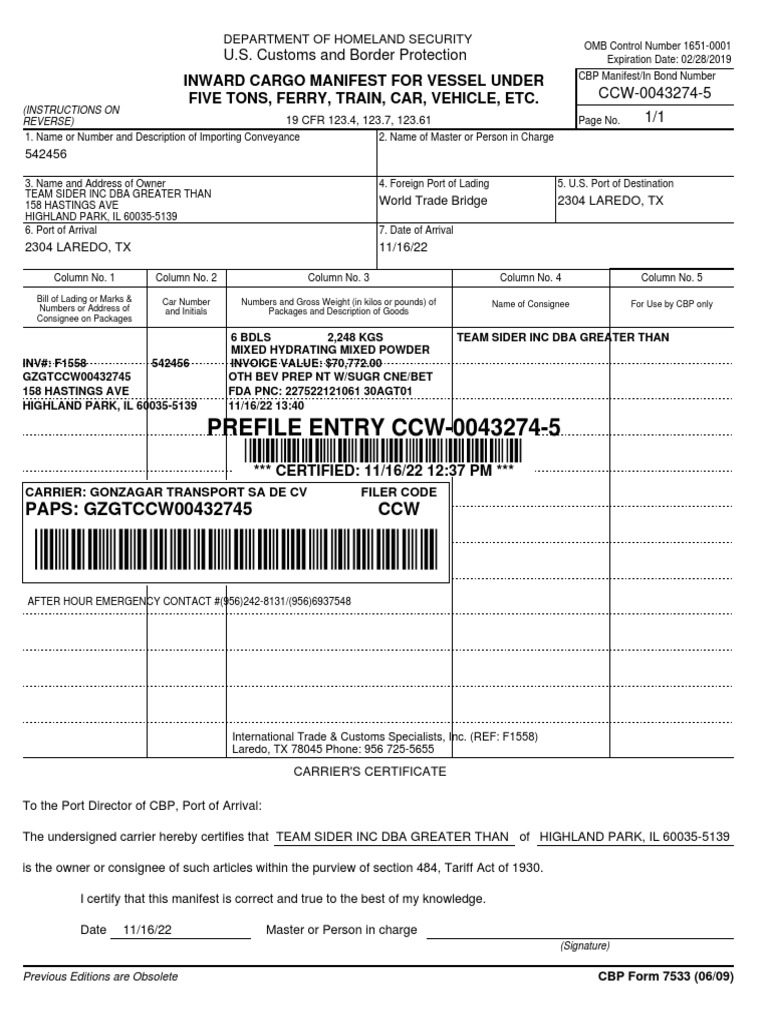 CCW 0043274 5 7533 | PDF | U.S. Customs And Border Protection | Freight ...