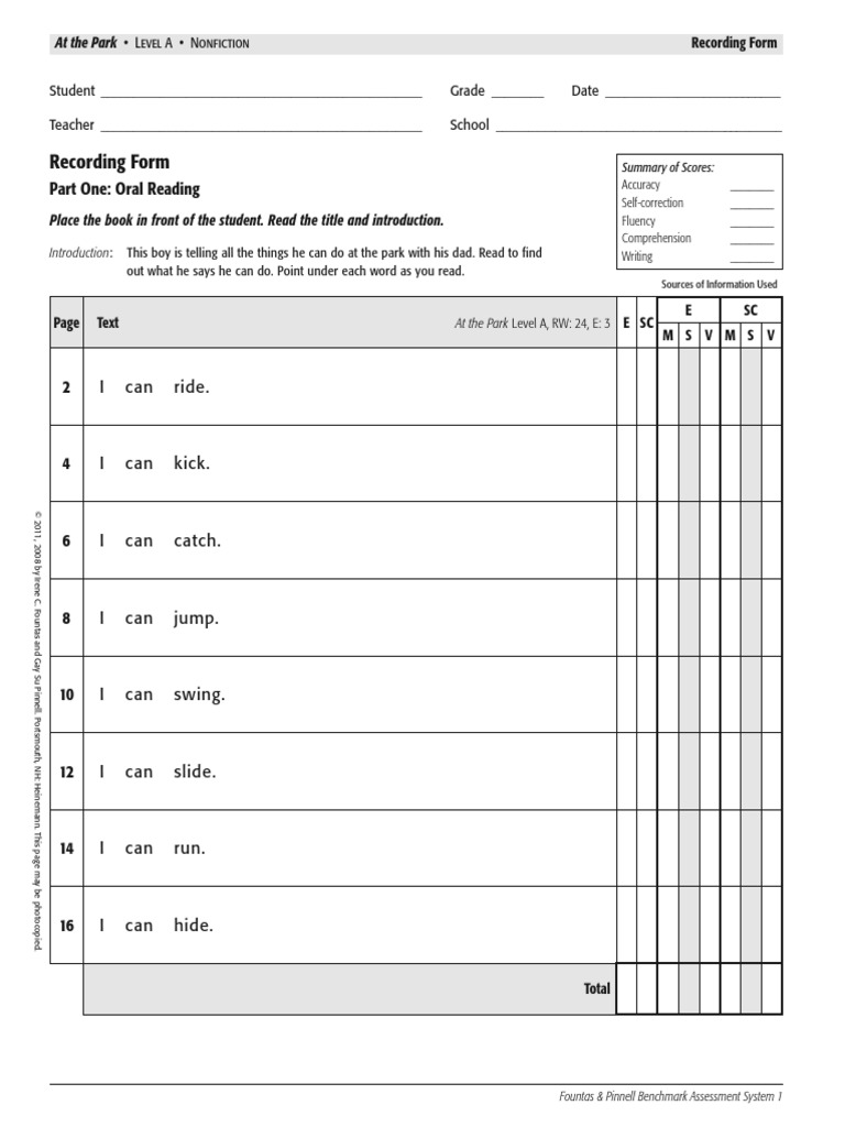A - at The Park | PDF | Reading Comprehension | Pedagogy