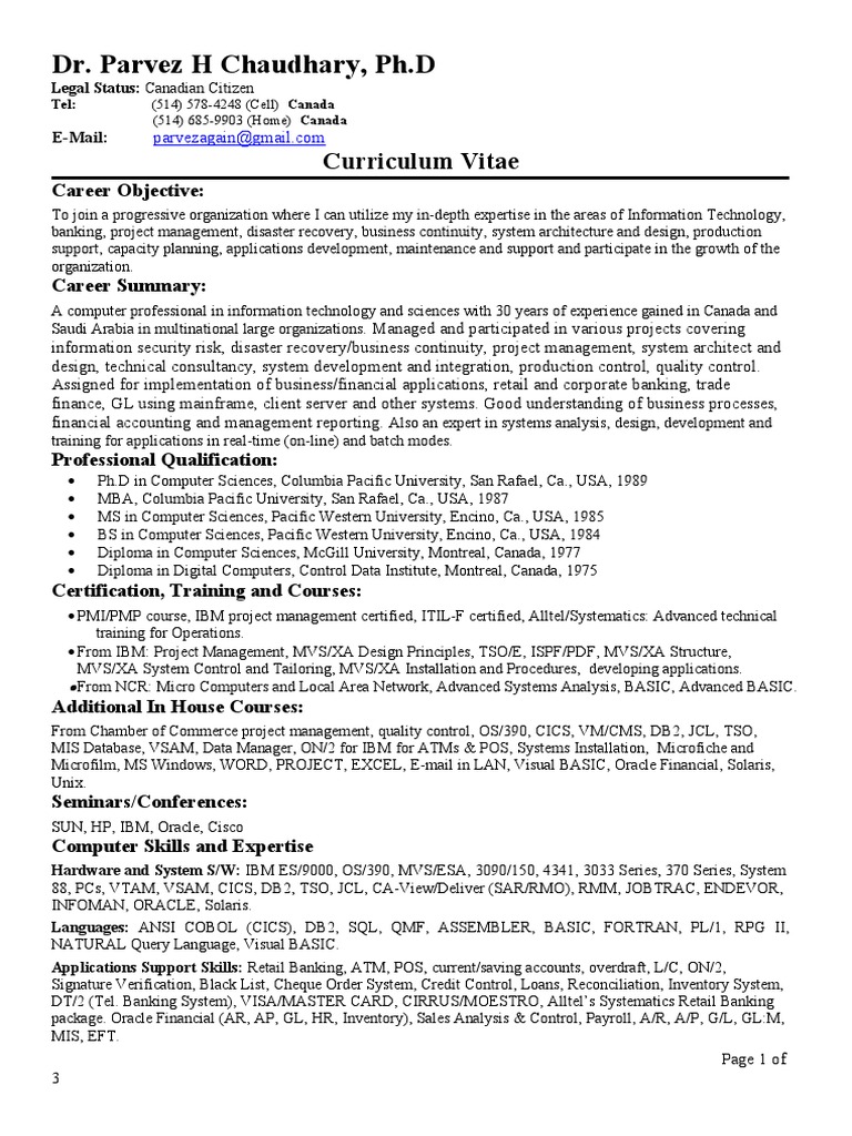 Dr. Parvez H Chaudhary, PH.D: Curriculum Vitae | PDF | Ibm Db2 | Project Management
