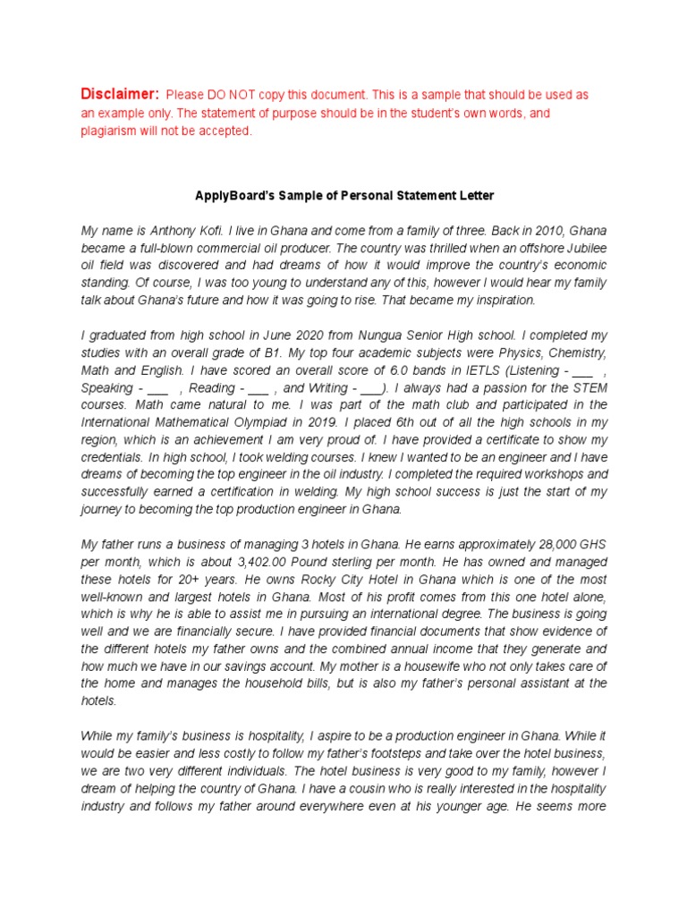 Sample - ApplyBoard Personal Statement UK - Docx | PDF | Cost Of Living ...