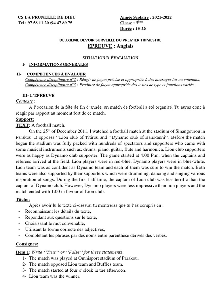 2ème Devoir Du 1er Trimestre Anglais 5ème 2021-2022 Cpeg La Prunelle de Dieu | PDF