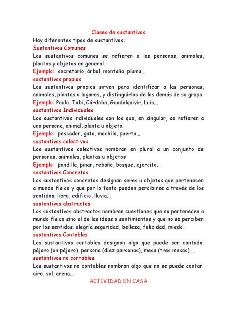 Tipos de Sustantivos y Ejemplos | PDF