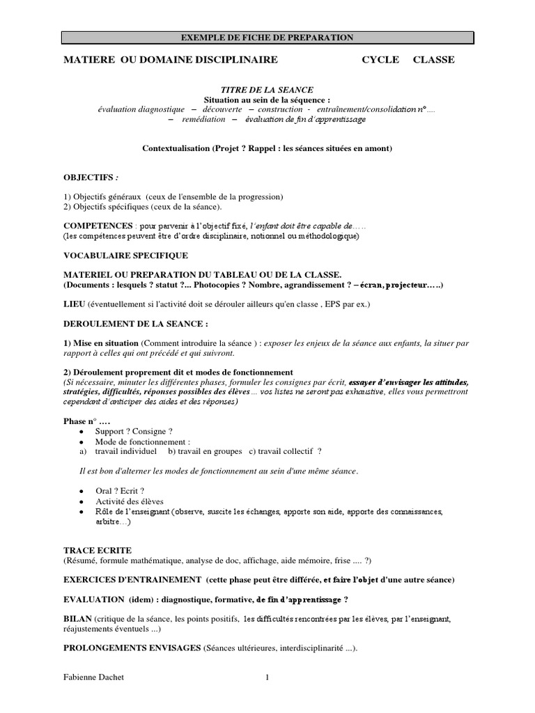 Modèle de fiche de préparation pédagogique | PDF | Apprentissage ...