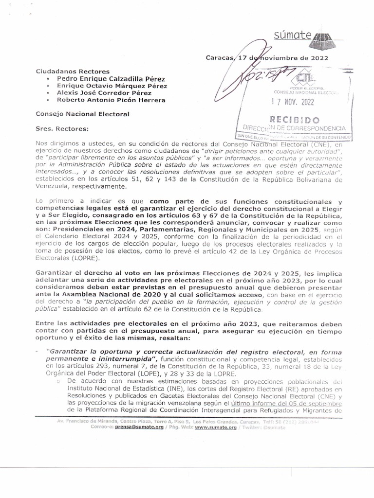 Carta de Sumate Al CNE Solicitud de Acceso A Su Presupuesto de 2023 | PDF | Elecciones | Venezuela