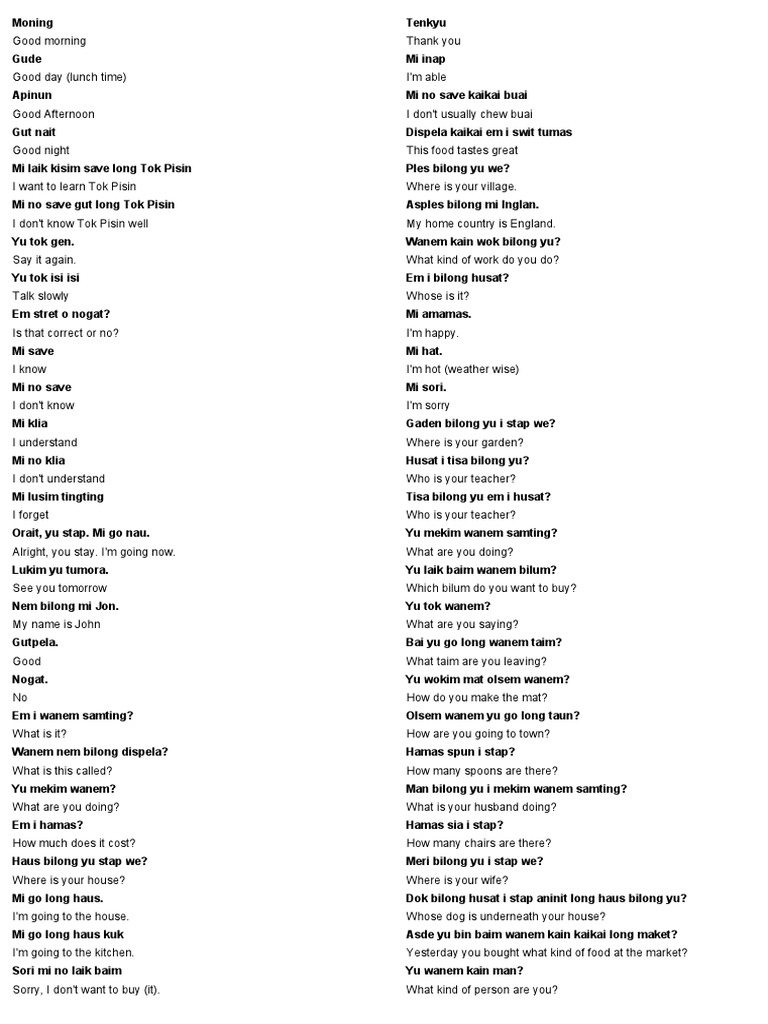 Essential Tok Pisin Phrases Guide | PDF | Language Arts & Discipline
