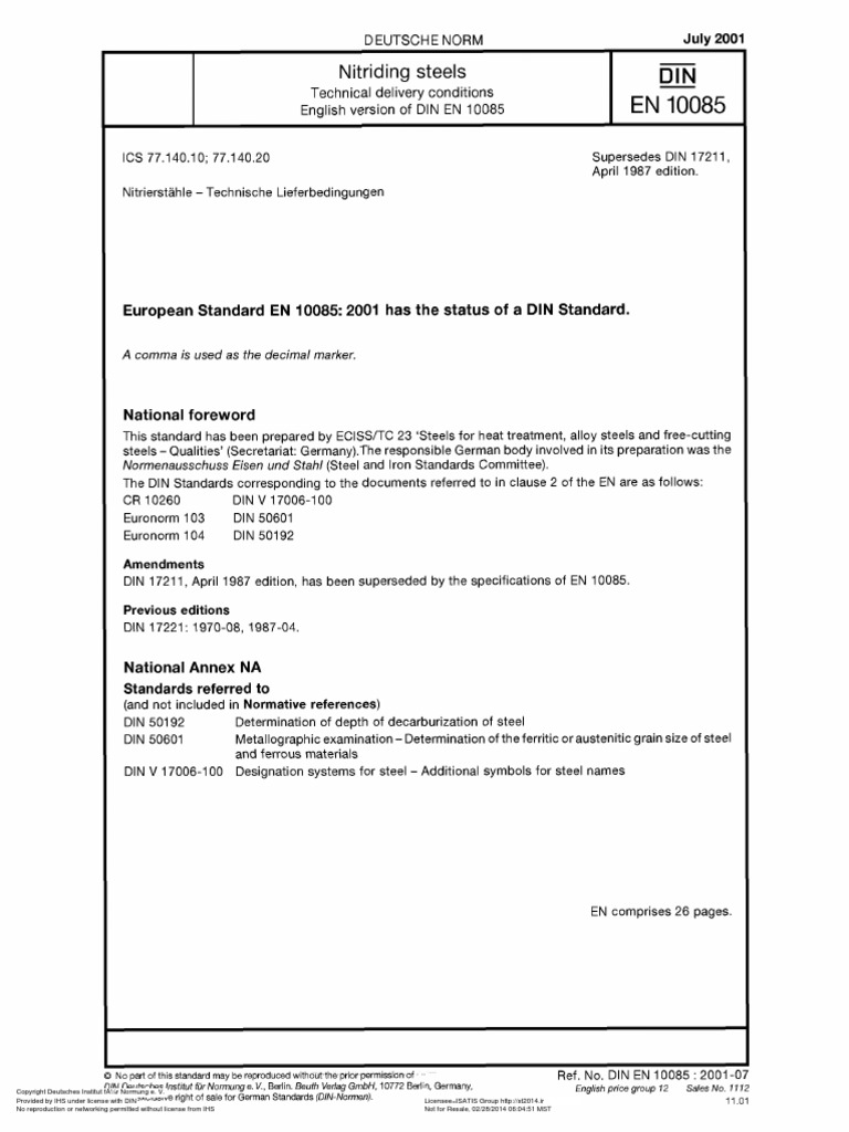 DIN en 10085 2001 Nitriding Steels | PDF | Steel | Heat Treating