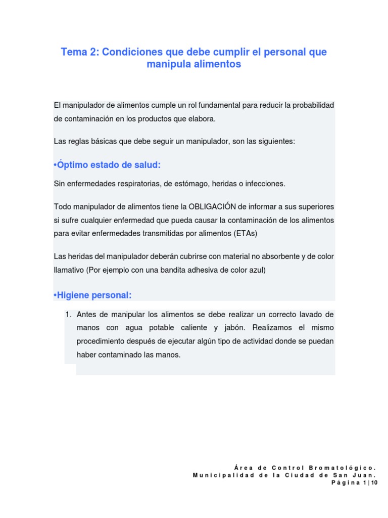Tema 2. Condiciones Que Debe Cumplir El Manipulador | PDF | Lavado de manos | Alimentos