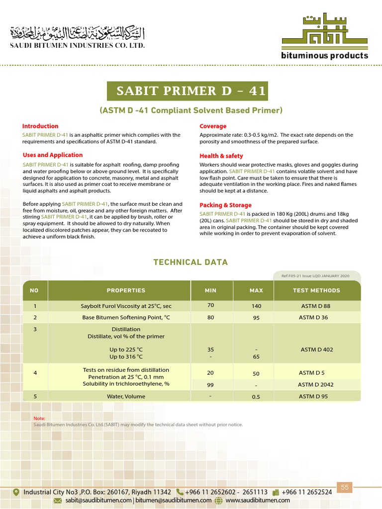 SABIT PRIMER D-41 Technical Data | PDF | Asphalt | Distillation