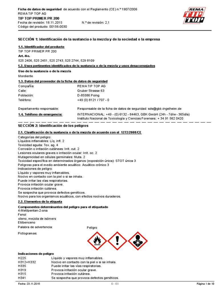 Ficha Seguridad TIP TOP PRIMER PR 200 | PDF | Residuos | Agua