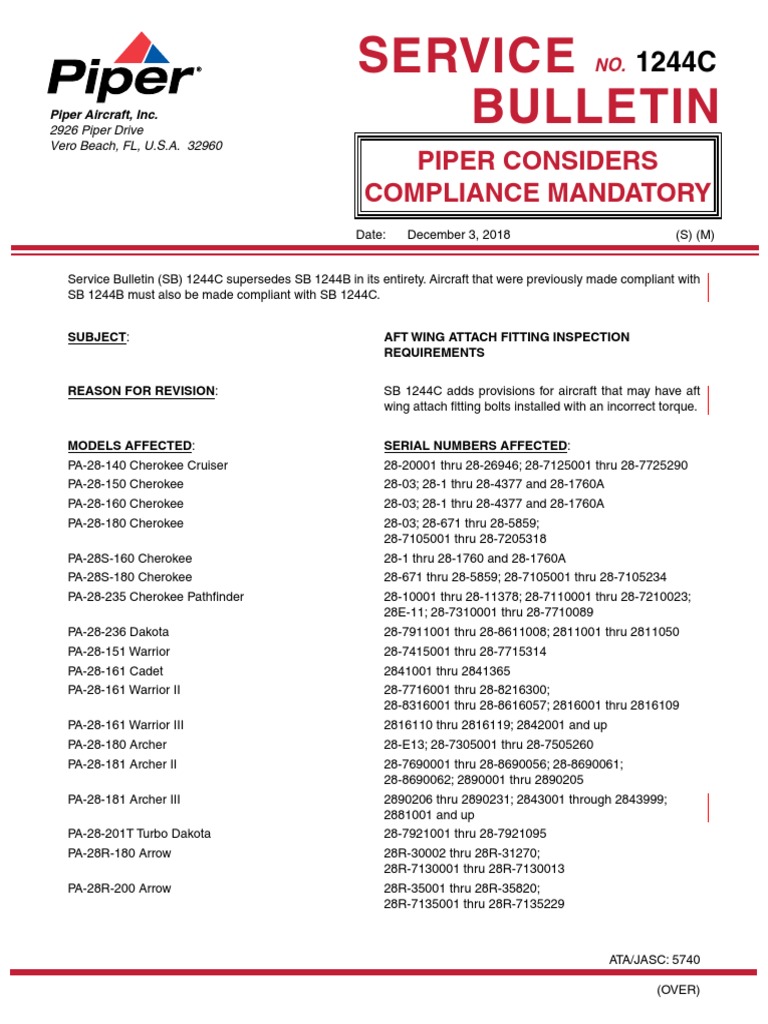 Service Bulletin: Piper Considers Compliance Mandatory | PDF | Federal ...