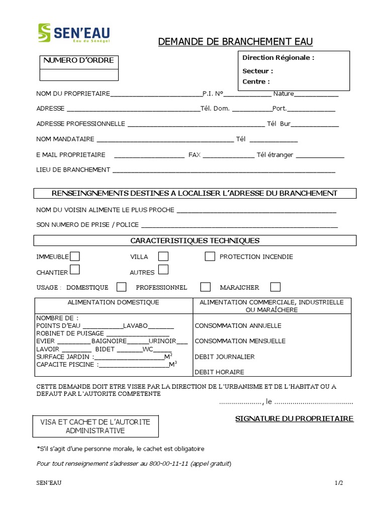 SEN EAU Demande de Branchement Seneau | PDF | Finance et gestion ...