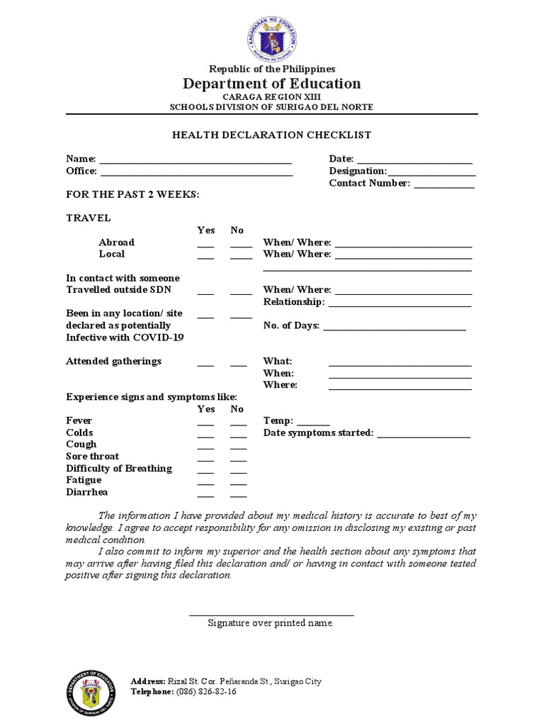 Employees Health Declaration Form | PDF | Common Cold | Diseases And ...