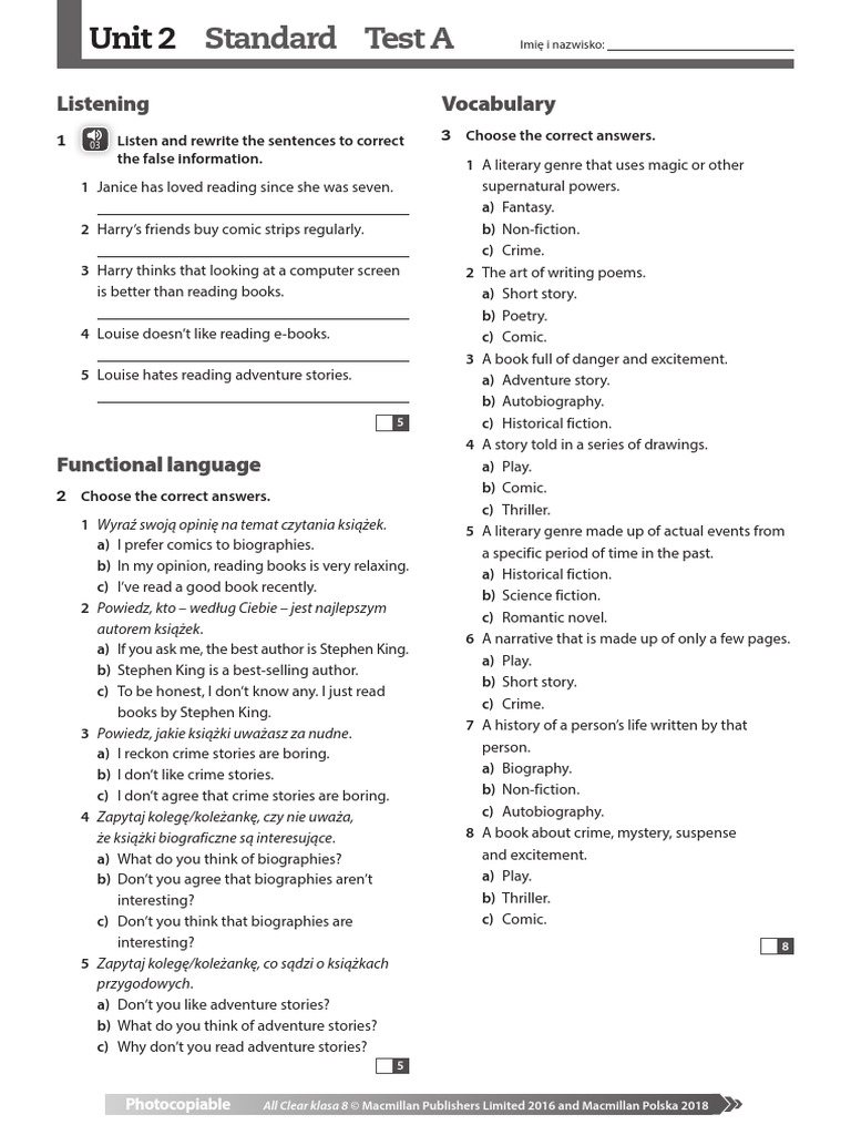 All Clear kl8 Unit2 Standard Test A | PDF