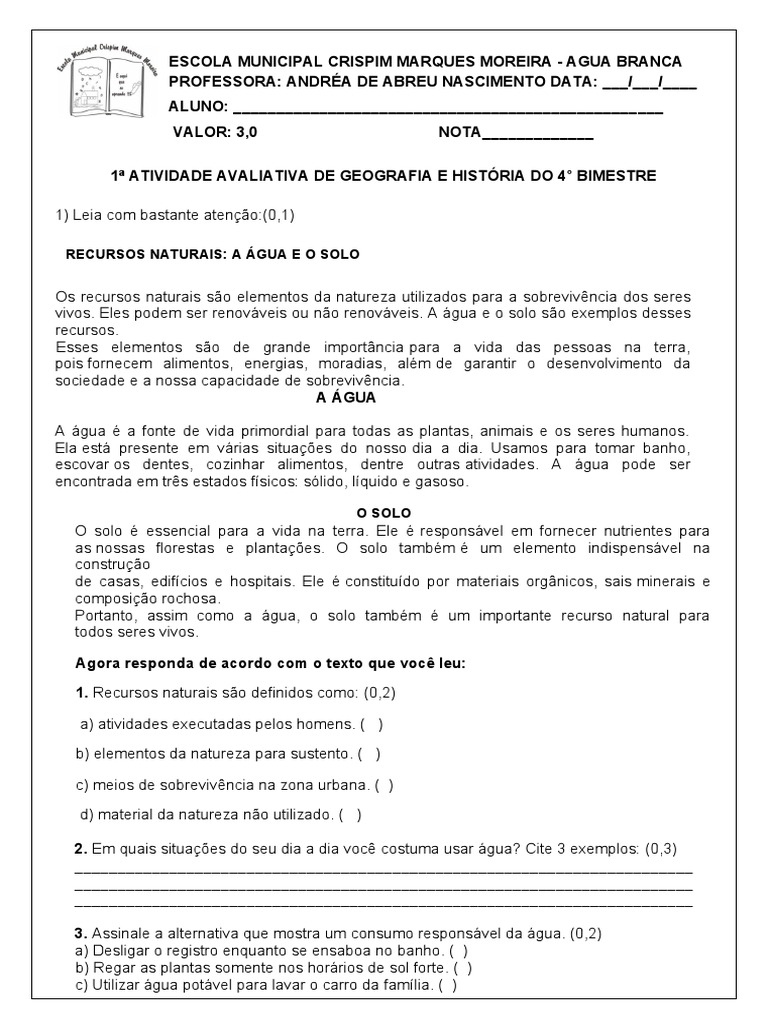 Avaliação de História e Geografia 4º Ano | PDF | Solo | Natureza