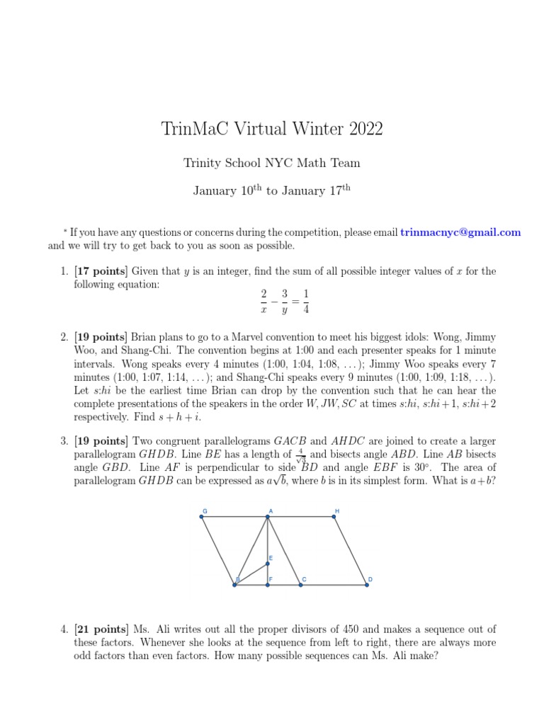 TrinMaC Virtual Winter 2022 HS Problems | PDF | Numbers | Area