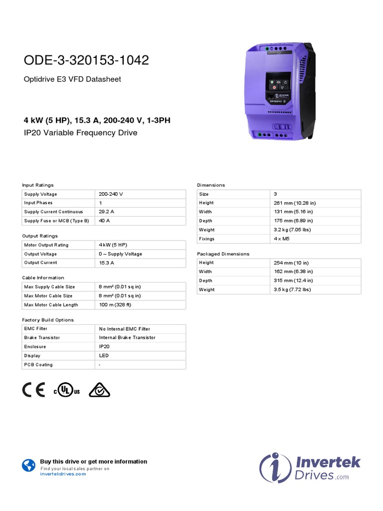 Invertek Drives ODE-3-320153-1042 Datasheet | PDF