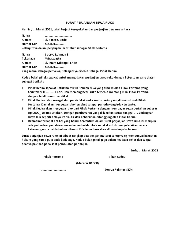 Surat Perjanjian Sewa Ruko | PDF