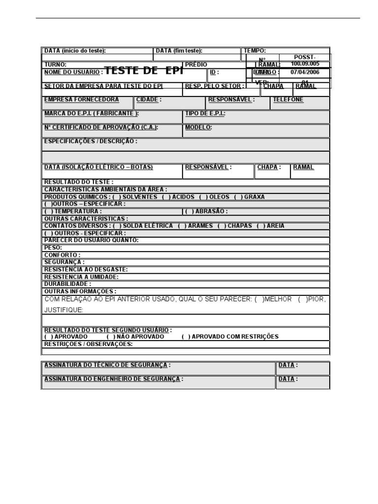 Formulário - TESTE DE EPI | PDF
